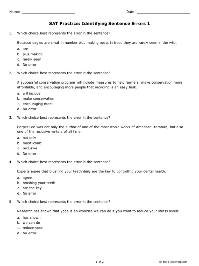 Sat Practice Identifying Sentence Errors 1 | PDF | Natural Environment ...