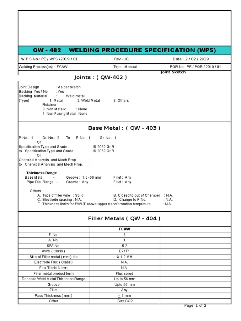 QW - 482 Welding Procedure Specification (WPS) | PDF | Welding ...