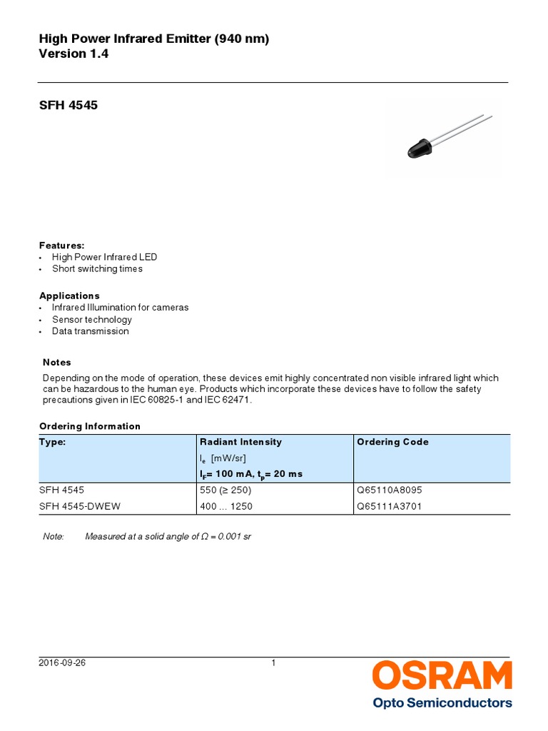 High Power Infrared Emitter (940 NM) : Features | PDF | Infrared ...