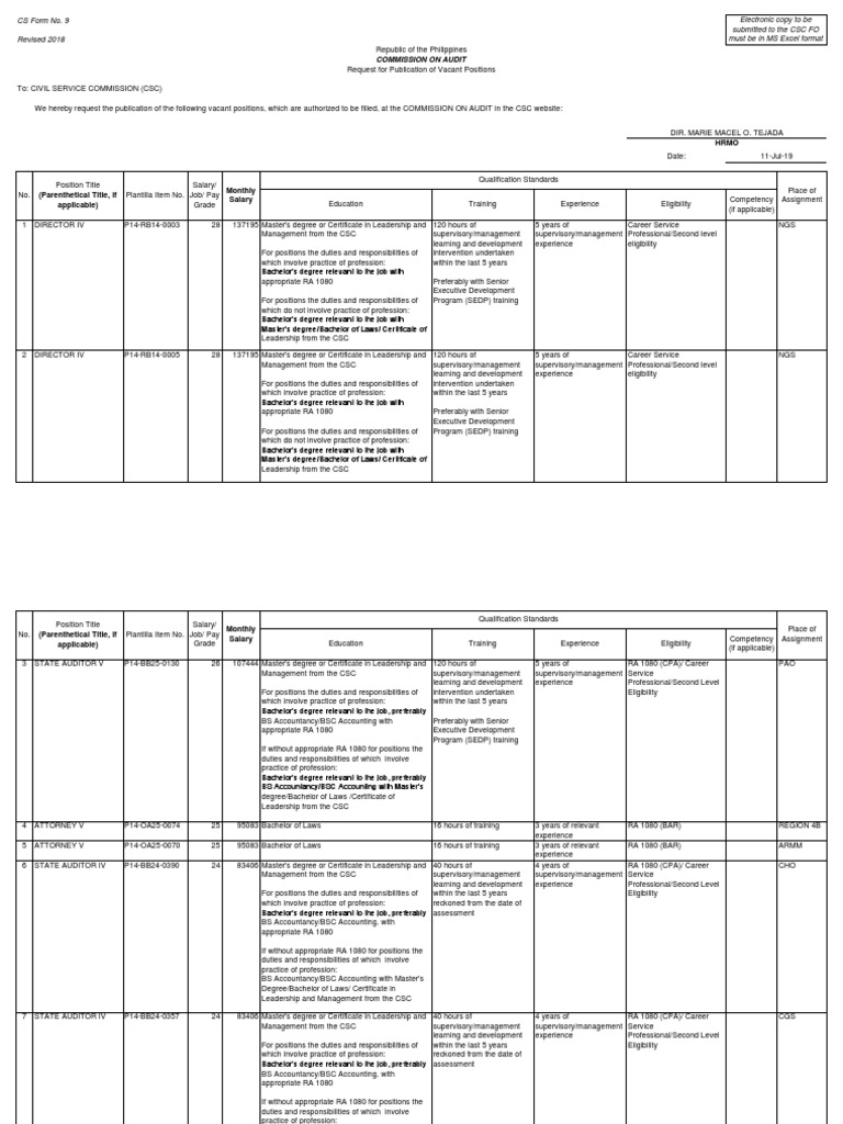 Commission On Audit: CS Form No. 9 Revised 2018 Electronic Copy To Be ...