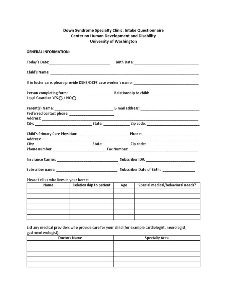 DSSC Intake Questionnaire | PDF | Hearing Loss | Down Syndrome