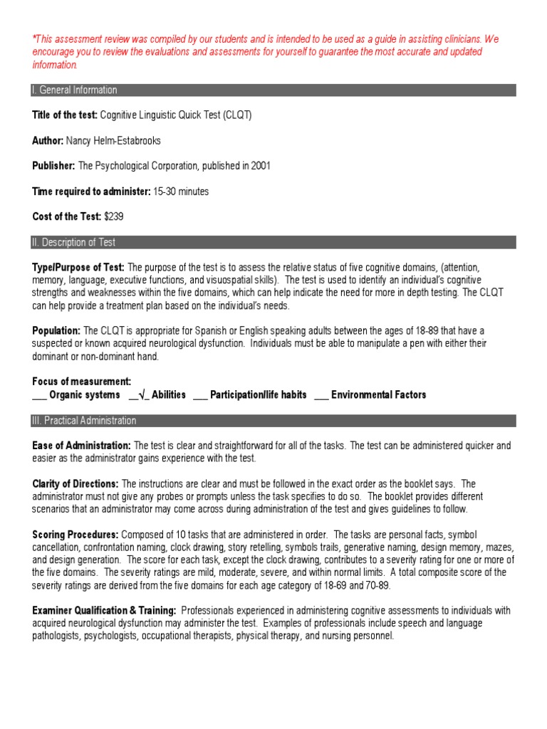 CLQT | PDF | Physical Therapy | Attention