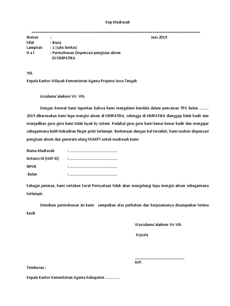 Contoh Surat Permohonan Dispensasi Pengisian Absen | PDF