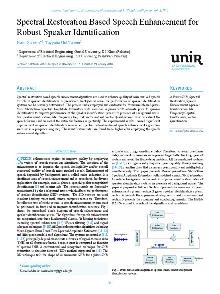 Spectral Restoration Based Speech Enhancement For Robust Speaker Identification | PDF | Signal ...