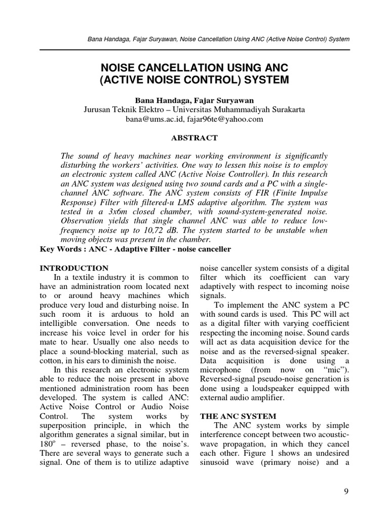 Noise Cancellation Using Anc (Active Noise Control) System: Bana ...