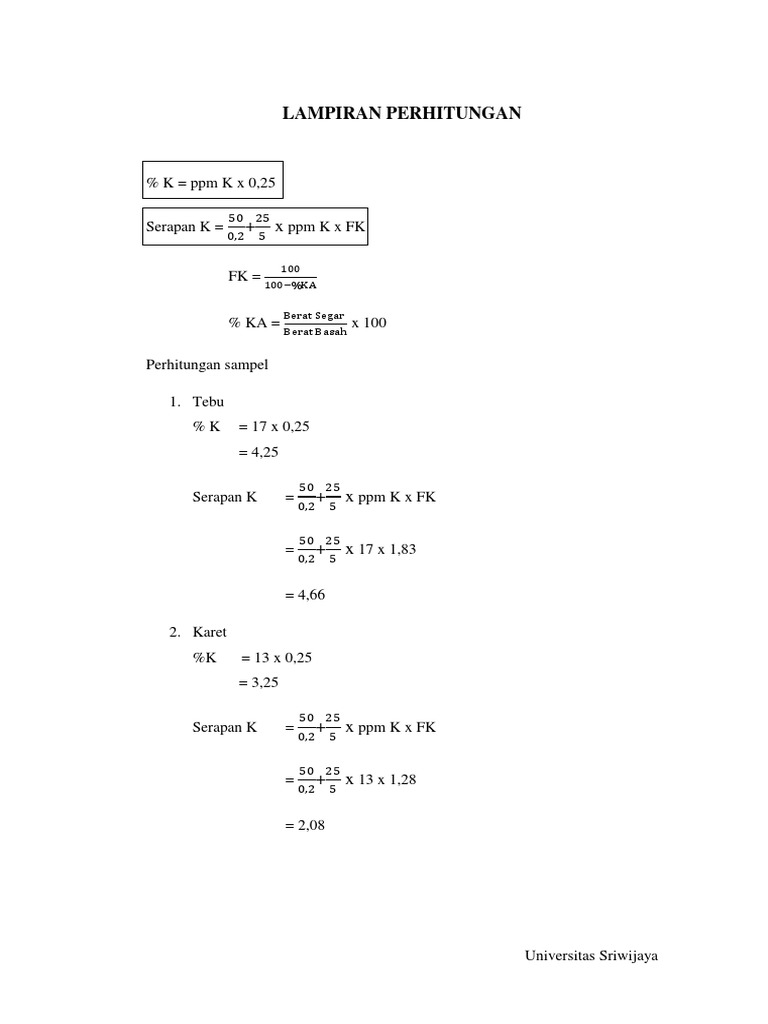 Lampiran Perhitungan: % K PPM K X 0,25 | PDF