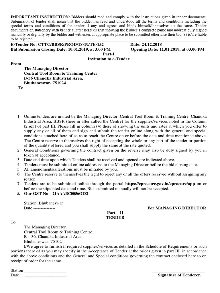 IMPORTTANT INSTRUCTION: Bidders Should Read and Comply With The ...