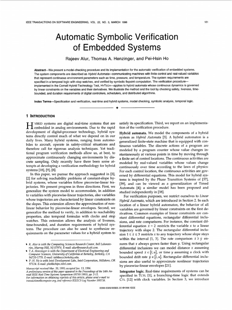 Automatic Symbolic Verification Embedded Systems: Rajeev Alur, Thomas A. Henzinger, and Pei-Hsin ...