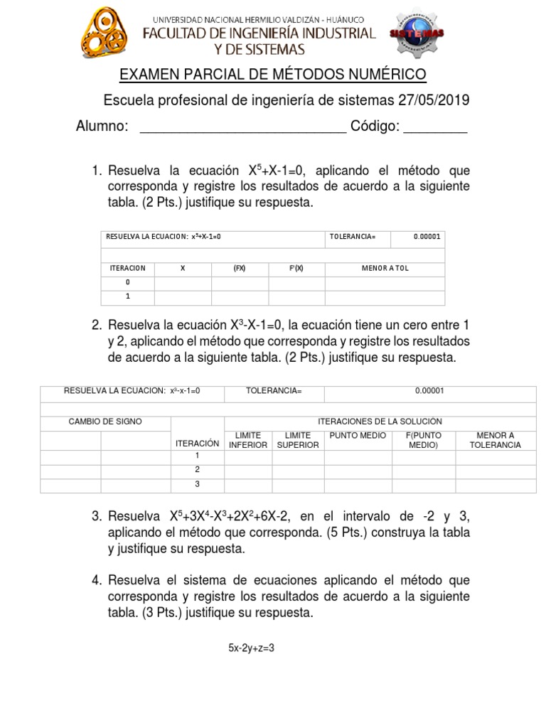 Examen Métodos Numéricos | PDF | Ecuaciones | Áreas de informática