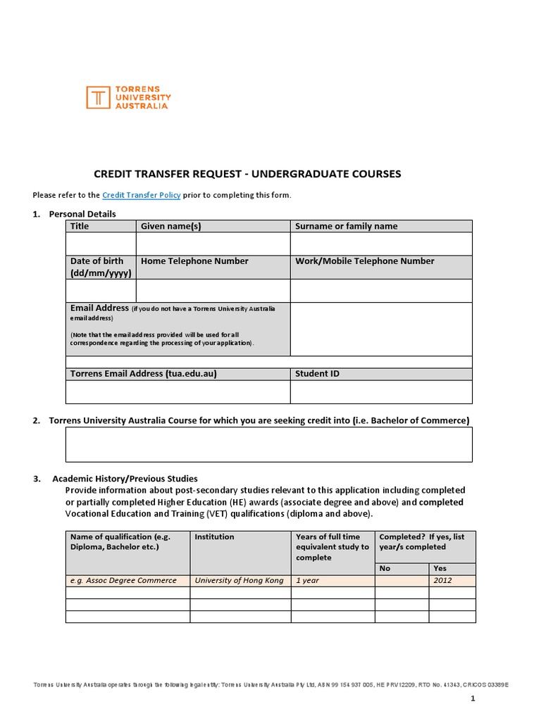 Torrens University Credit Transfer Request | PDF | Academic Degree ...