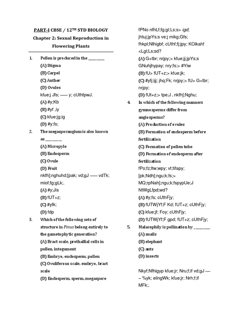 Chapter 2 Sexual Reproduction in Flowering Plants PART-I MCQs | PDF ...