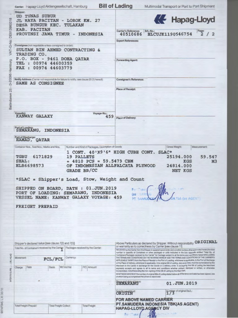 Contoh - BL Coo Phyto Ispm | PDF | Bill Of Lading | Cargo