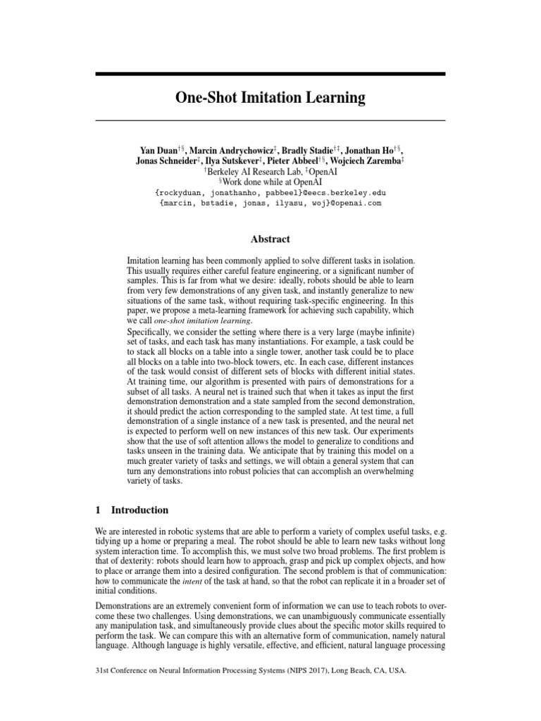 One-Shot Imitation Learning: A Meta-Learning Approach for Generalizing ...