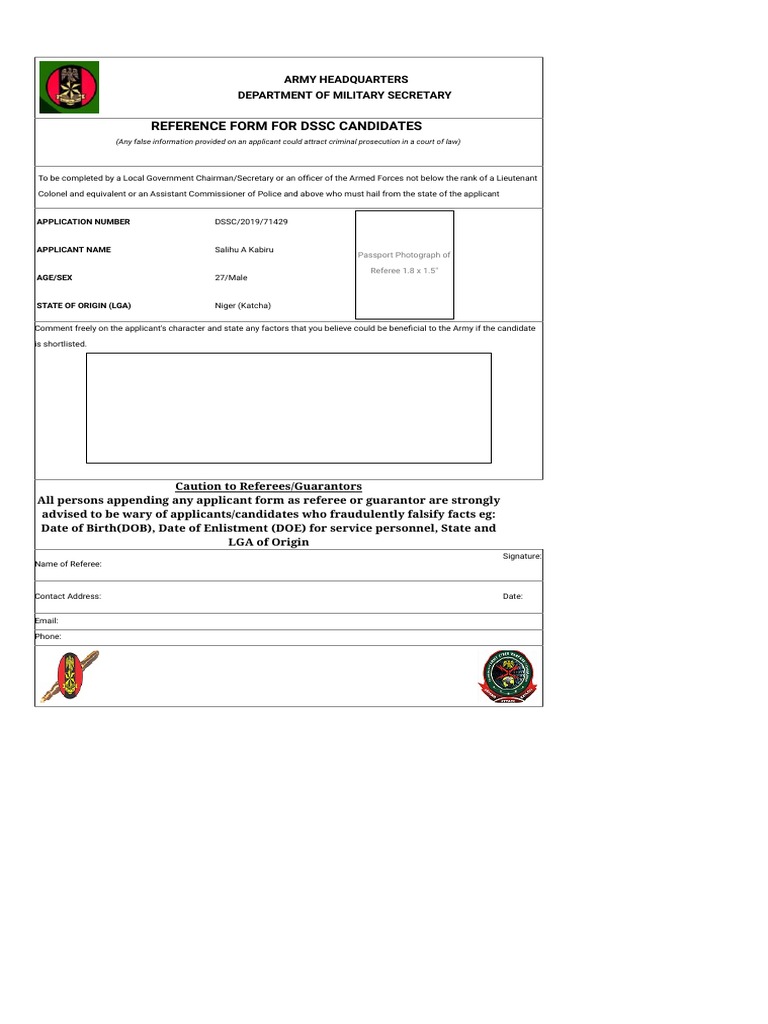 Nigerian Army Guarantor's Form | PDF