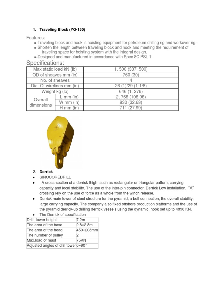 Traveling Block and Hook Features and Specs | PDF | Diesel Engine ...