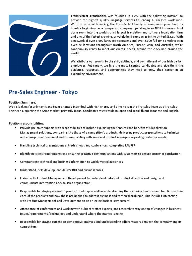 Pre-Sales Engineer Role in Tokyo | PDF | New Product Development | Sales