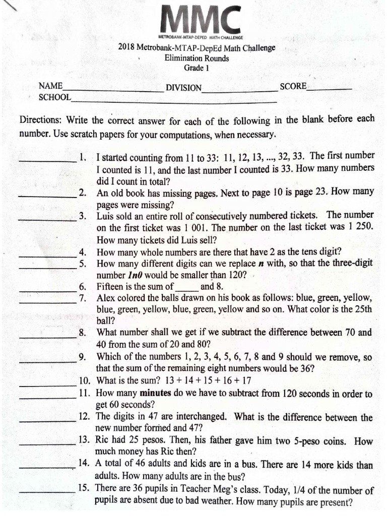 2018 Mtap Elimination Round Grade 1 Questions With Answers Solutions | PDF