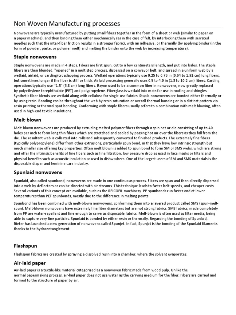 Non Woven Manufacturing Processes | PDF | Nonwoven Fabric | Materials