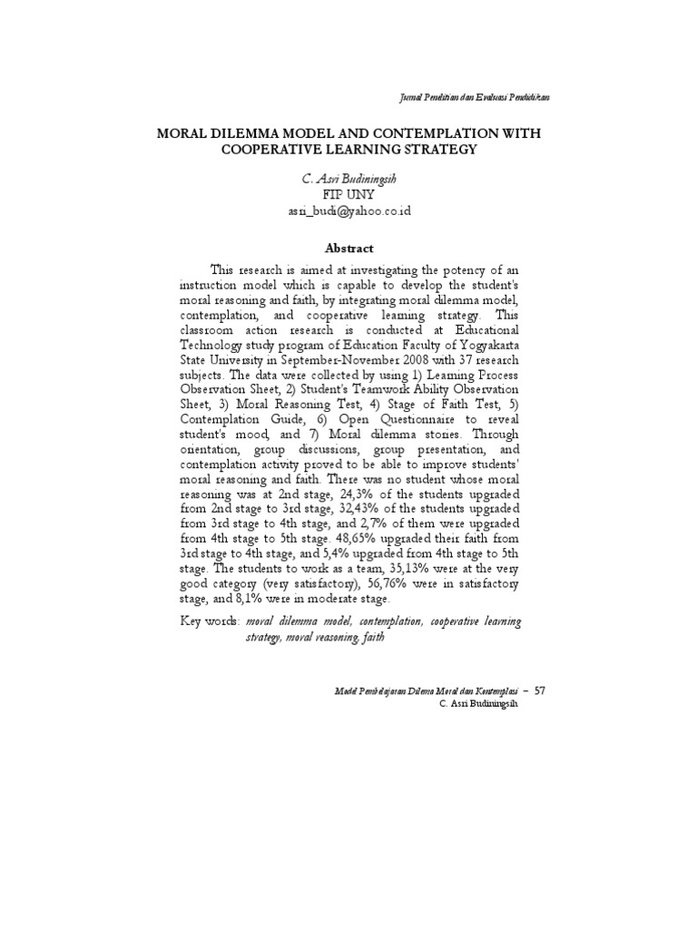 Model Pembelajaran Dilema Moral dan Kontemplasi untuk Meningkatkan Penalaran Moral dan Keimanan ...