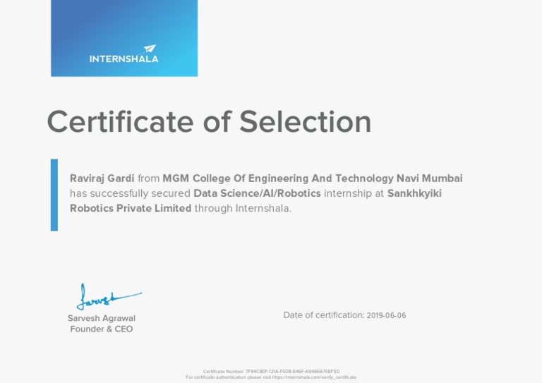 Robotics Internship Certificate PDF | PDF