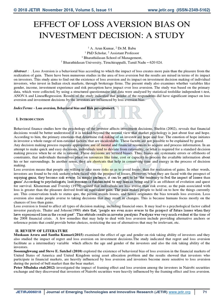 Effect of Loss Aversion Bias On Investment Decision: A Study | PDF ...