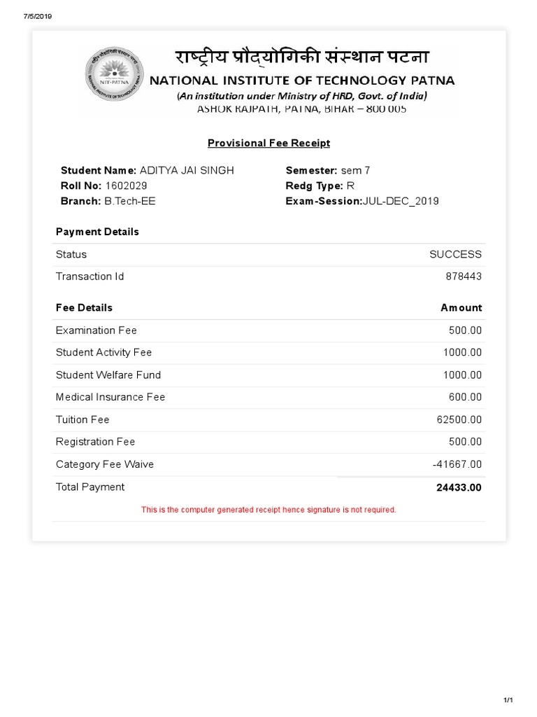 Provisional Fee Receipt Student Name: ADITYA JAI SINGH Roll No: 1602029 ...
