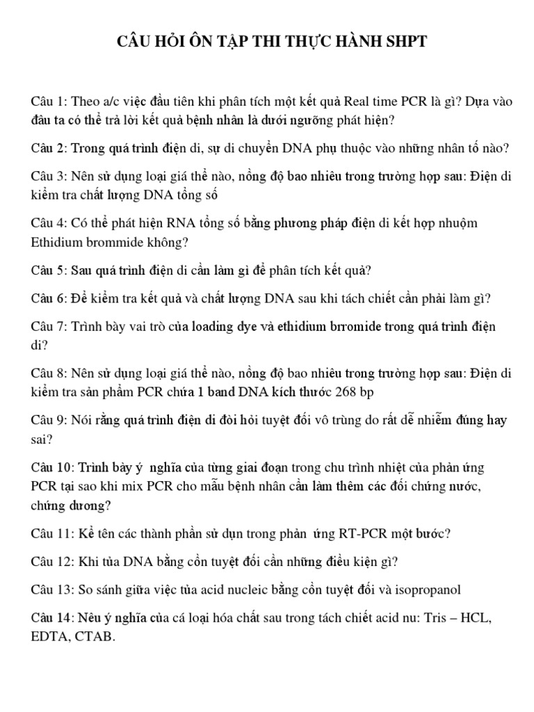 Câu Hỏi Ôn Tập Thi Thực Hành Shpt | PDF