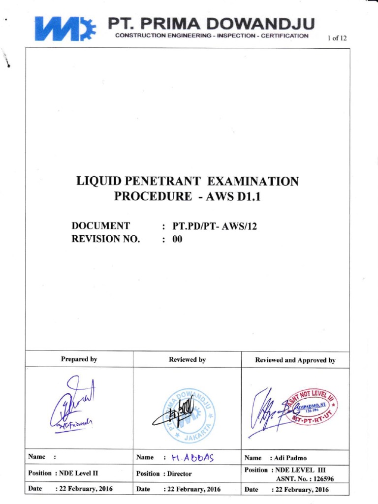 Liquid Penetrant Examination Procedure | PDF | Welding | Construction