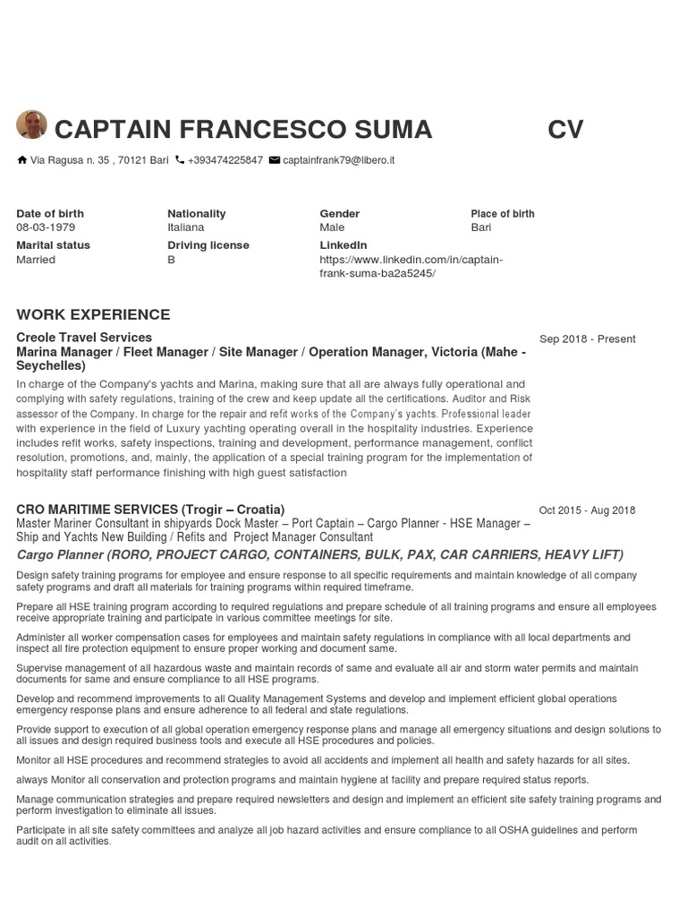 Captain Francesco Suma CV: Work Experience | PDF | Ships | Occupational ...