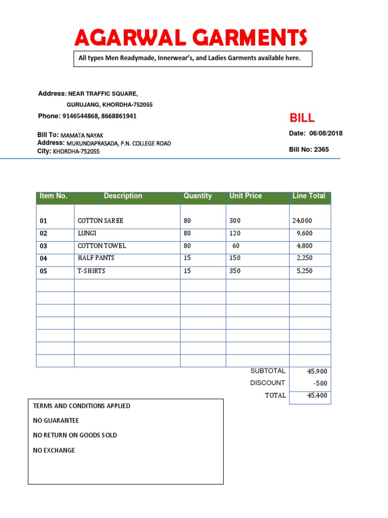 Garment Shop Bill Format Sample | PDF