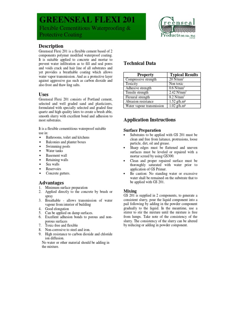 Greenseal Flexi 201 | PDF | Concrete | Mortar (Masonry)