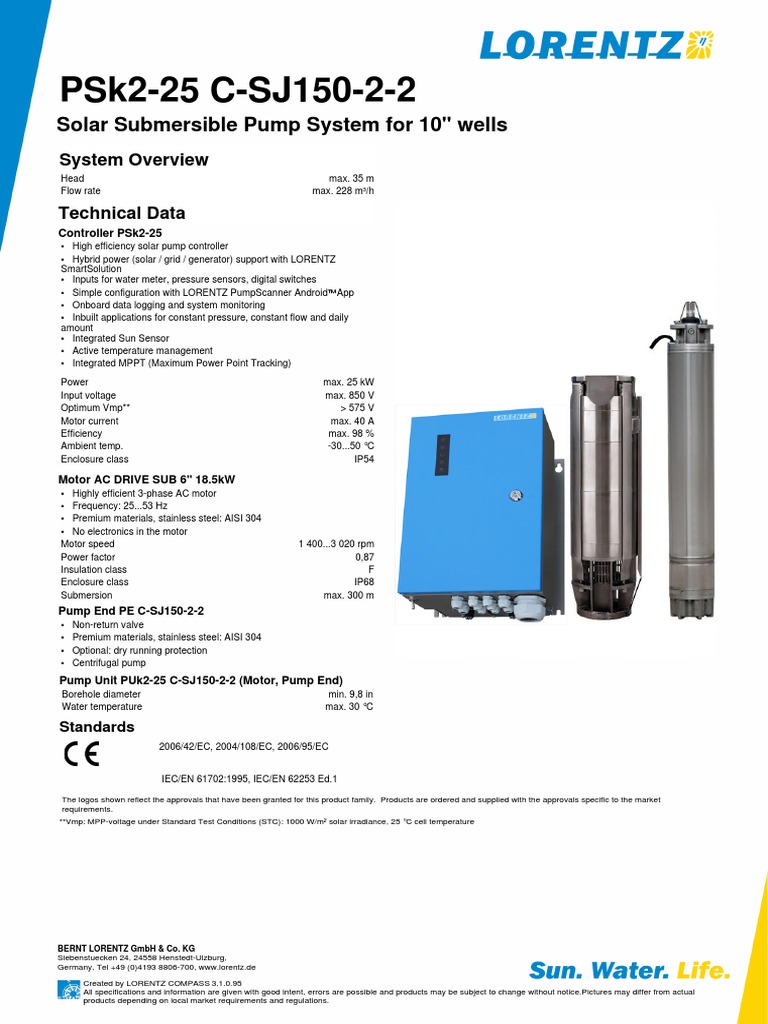 Psk2-25 C-Sj150-2-2: Solar Submersible Pump System For 10" Wells | PDF | Electric Motor ...