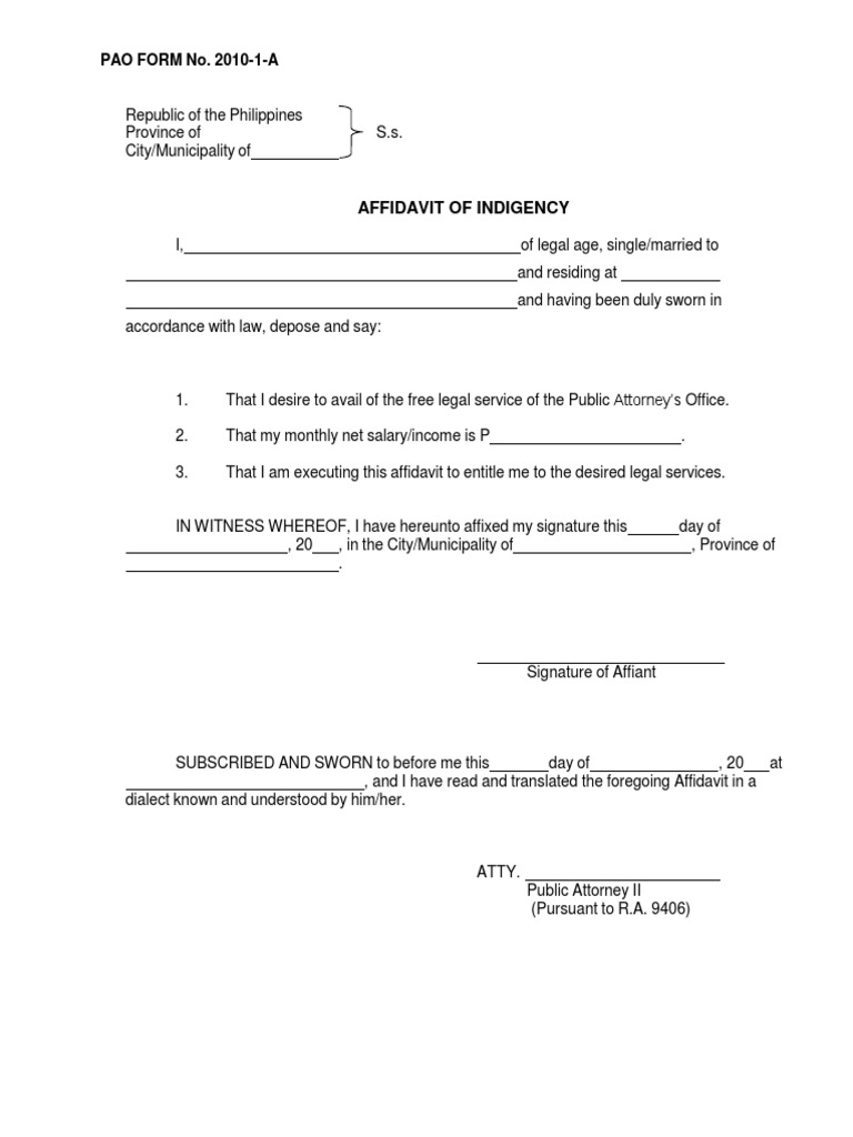 Affidavit of Indigency: PAO FORM No. 2010-1-A | PDF | Affidavit ...