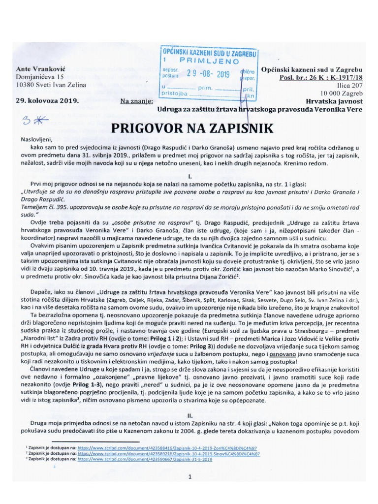 Prigovor Na Zapisnik 29 8 19 | PDF