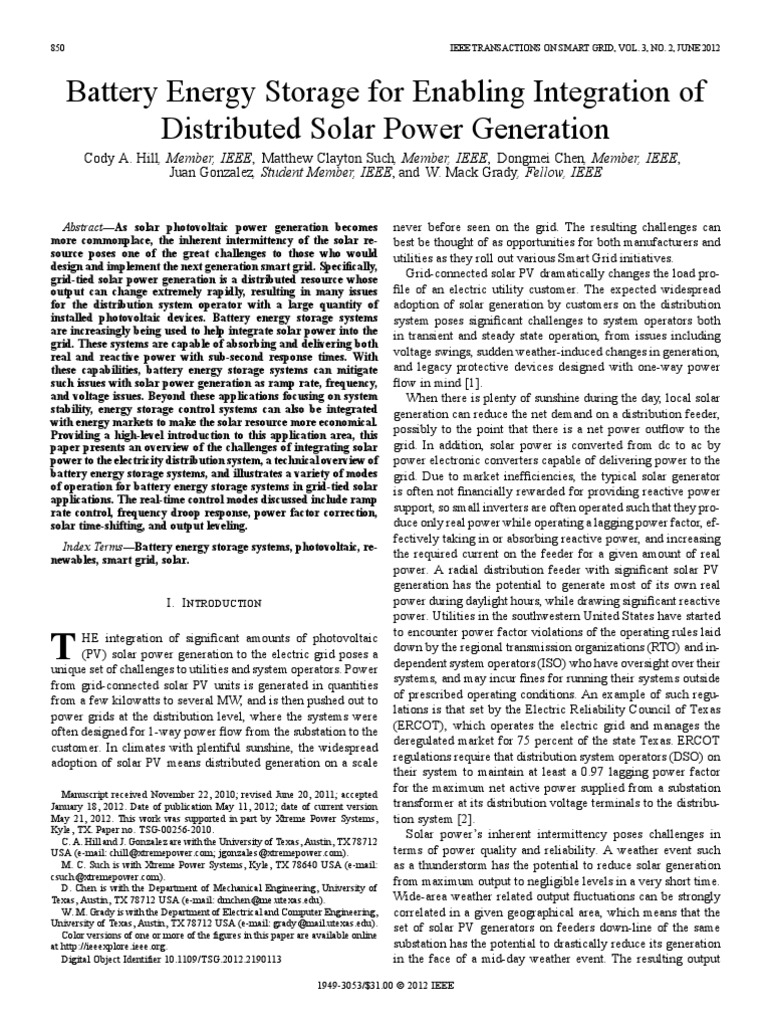 Battery Energy Storage For Enabling Integration of Distributed Solar Power Generation | PDF ...