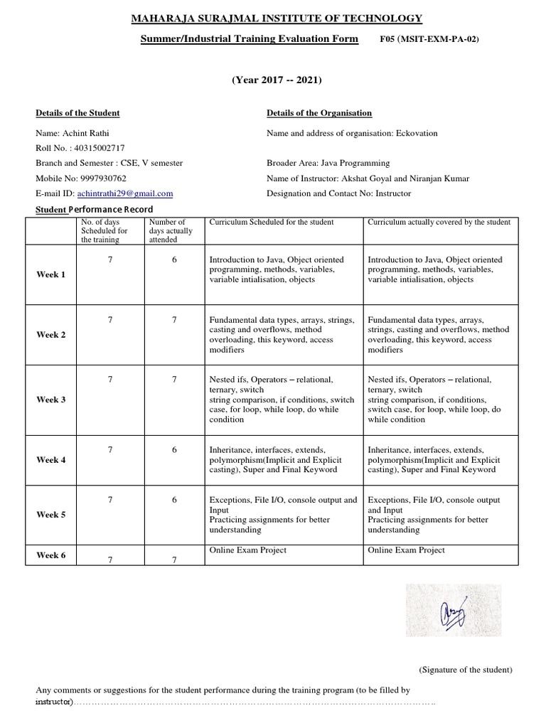 Maharaja Surajmal Institute of Technology Summer/Industrial Training Evaluation Form | Download ...