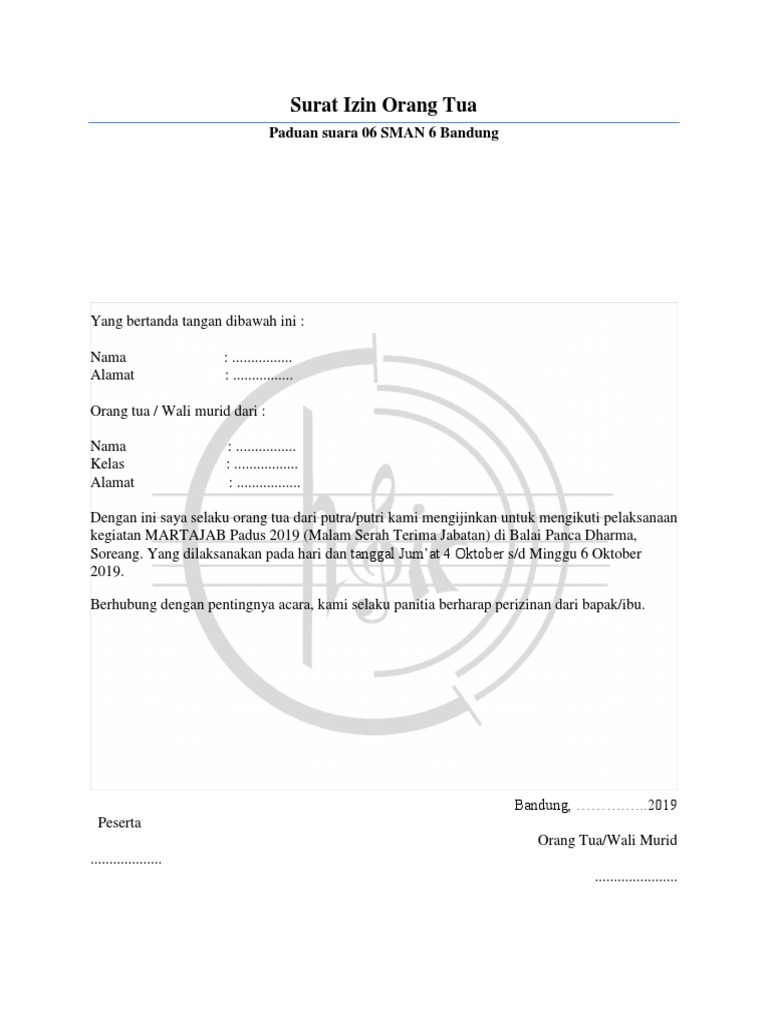 Surat Izin Orang Tua Kegiatan Padus 2019 | PDF