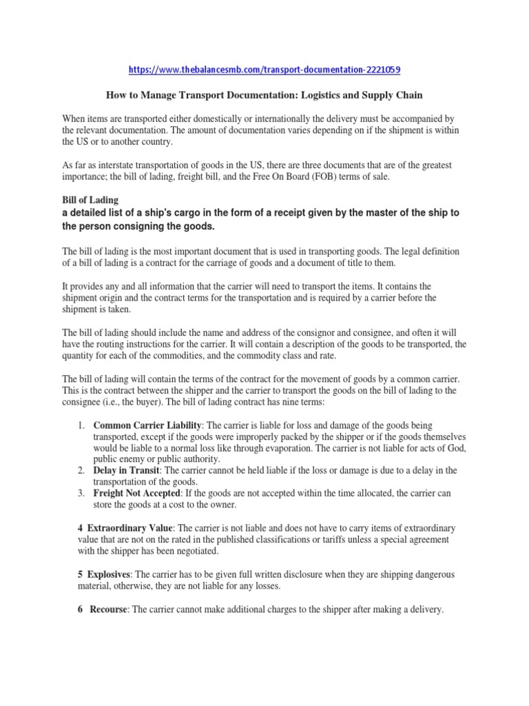 How To Manage Transport Documentation | PDF | Cargo | Bill Of Lading