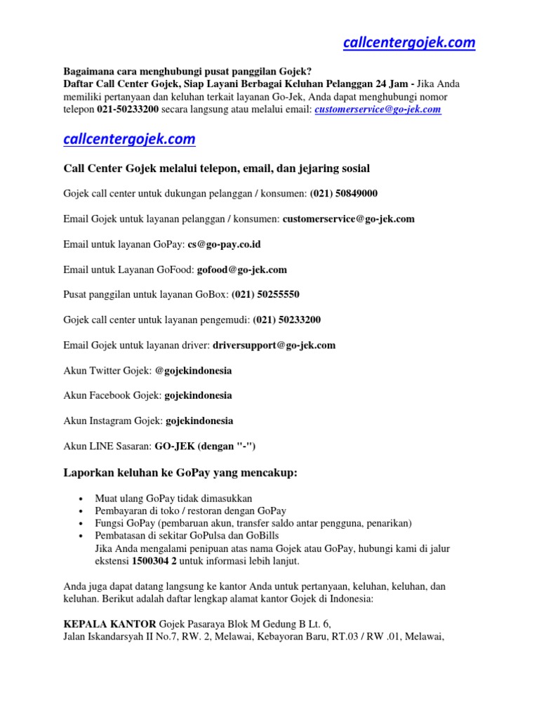 Daftar Call Center Gojek | PDF