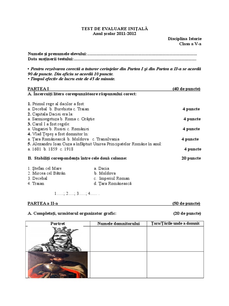 Test de Evaluare Initala Istorie V | PDF