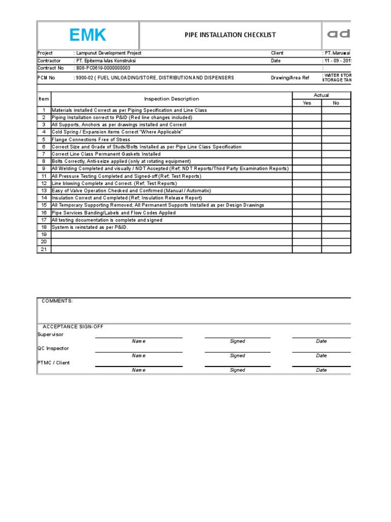Pipe Instalation Checklist | PDF | Nondestructive Testing | Pipe (Fluid ...