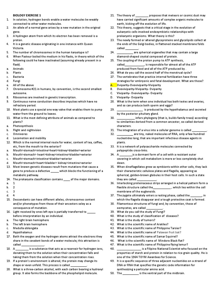 Biology Exercise 1 | PDF | Cell (Biology) | Genetics