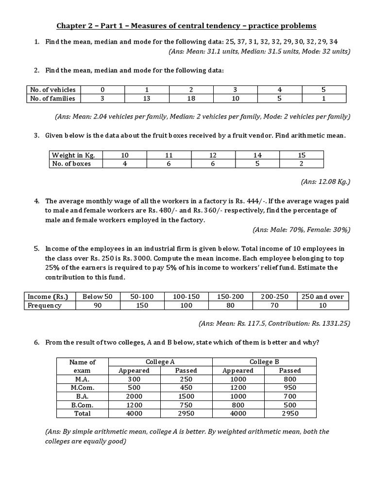 Chapter 2 - Part 1 - Measures of Central Tendency - Practice Problems | PDF | Arithmetic Mean ...
