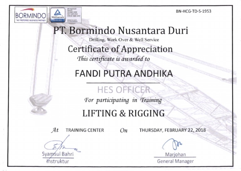 Sertifikat Lifting Rigging PDF | PDF