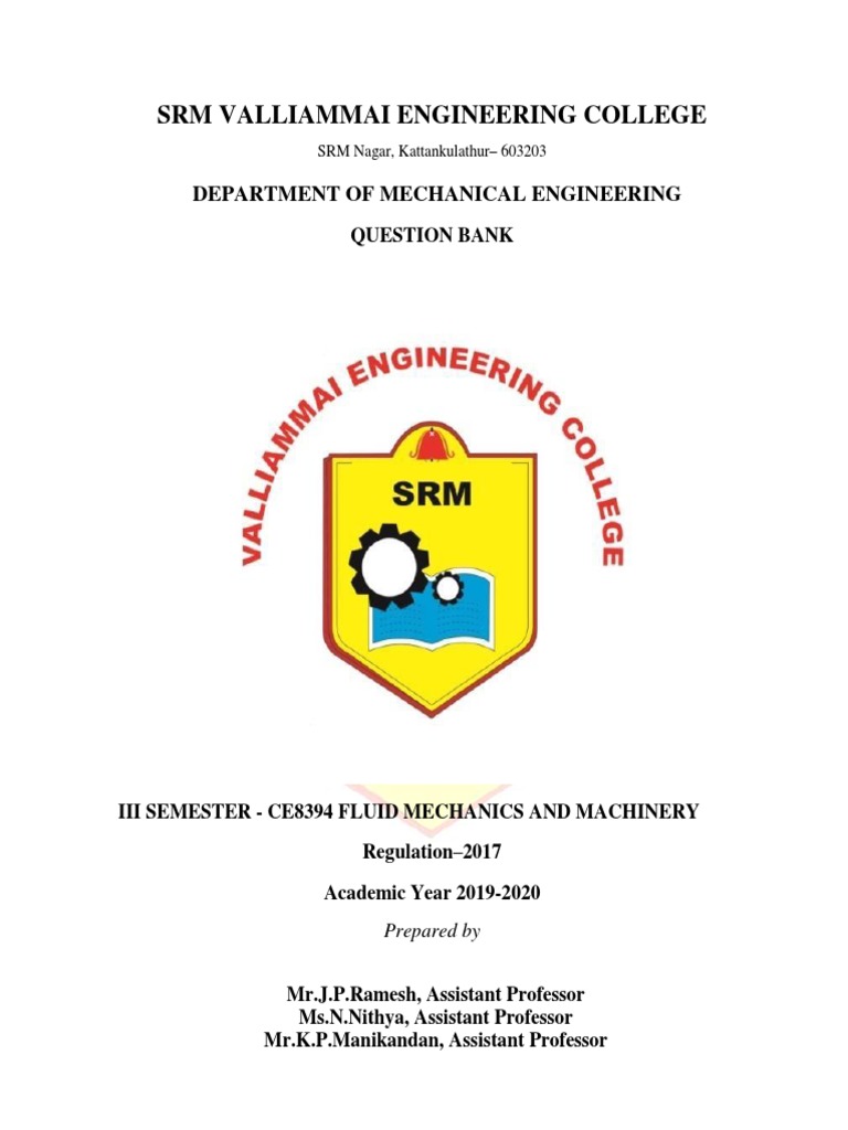 Fluid Mechanics and Machinery Question Bank for Third Semester ...