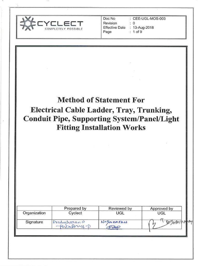 Method Statement For Cable Ladder Installation MOS-003 | PDF