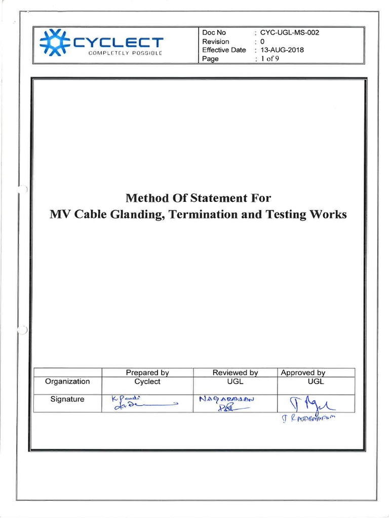 Method Statement For MV Cabls Glanding, Termination and Testing Works ...