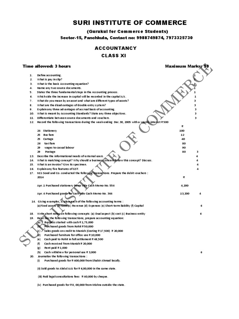 Class 11 Accountancy Question Paper | PDF | Debits And Credits ...
