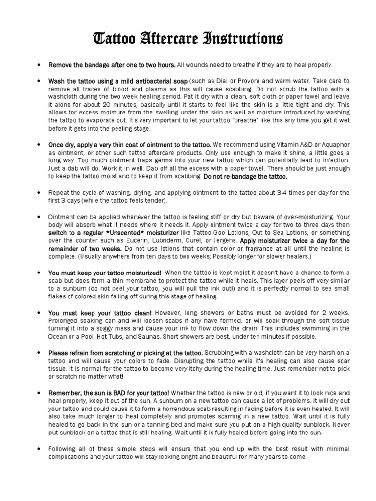 Tattoo Aftercare Instructions | PDF | Tattoo | Wound Healing