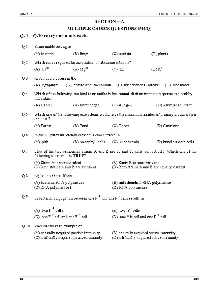 Multiple Choice Questions from the Biological Sciences Section of JAM ...